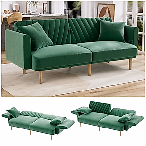 OUYESSIR Velvet Futon Sofa Bed, 75.3" Couch Small Sofa, Loveseat, Convertible Futon Sleeper Sofa with Folding Armrests, Modern Couch for Bedroom, Living Room, Emerald Green