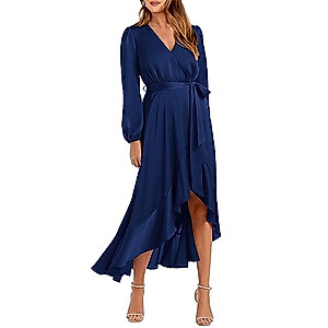 PRETTYGARDEN Women's 2023 Fall Dresses Casual Long Sleeve Wrap V Neck Maxi Dress High Low Wedding Guest Dress Ruffle Hem (Navy,Large)