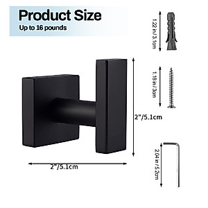 Kruodop 2 Pack Towel Hooks for Bathroom, Wall Mount Towel Holder, Black Matte Wall Robe Hook, Square Heavy Duty Stainless Steel Hook Hanger for Bath Towel, Coat, Key