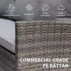 JOIVI Patio Furniture Set, 7 Piece Patio Dining Sofa Set, Outdoor Sectional Sofa Conversation Set All Weather Wicker Rattan Couch Dining Table & Chair with Ottoman, Gray