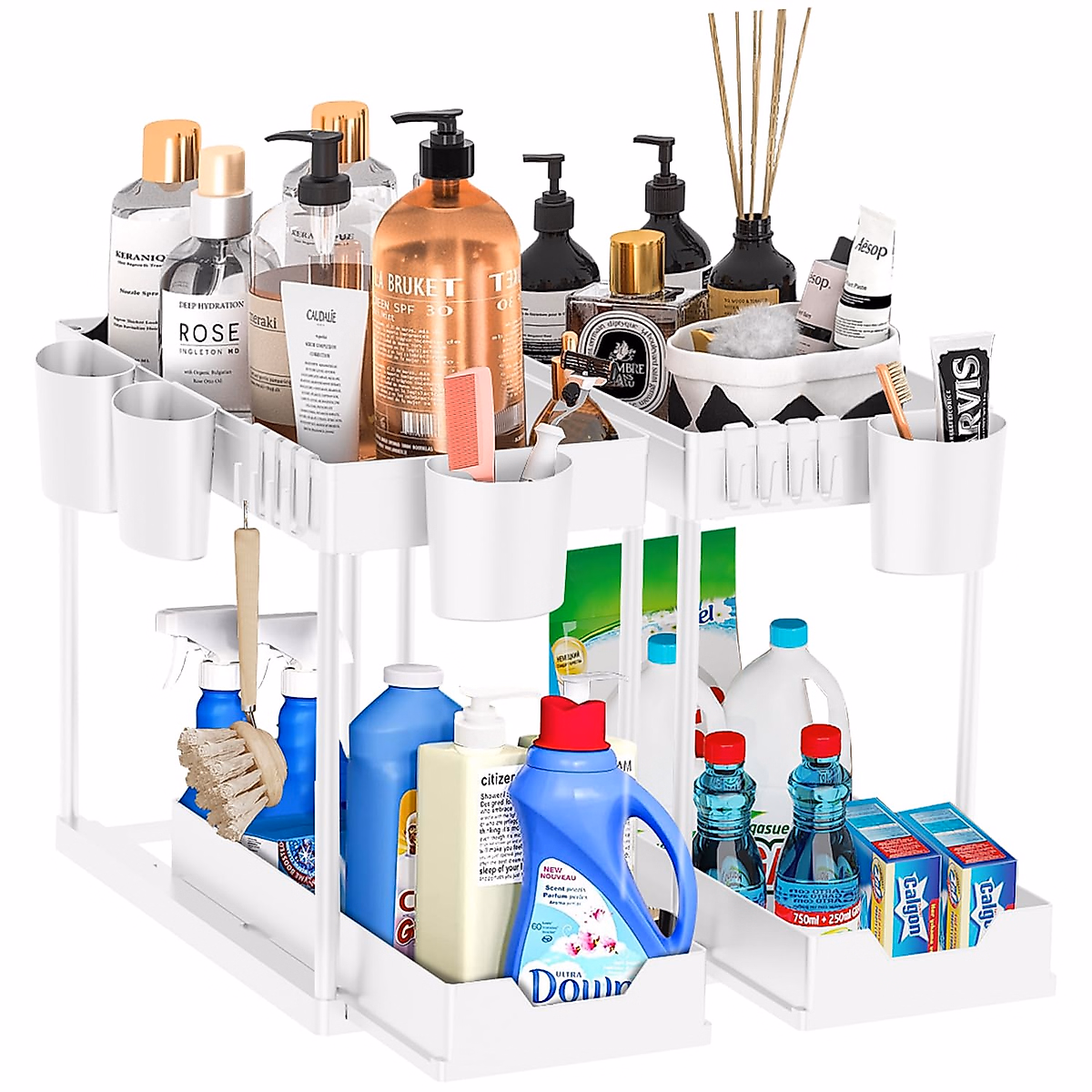 DILEASIR Under Sink Organizers and Storage Bathroom 2Pack, 2 Tier Kicthen Cabinet Basket Organizer, with Hooks, Hanging Cup, Dividers, Handles, Multi-purpose Under Sink Shelf Organizer, White