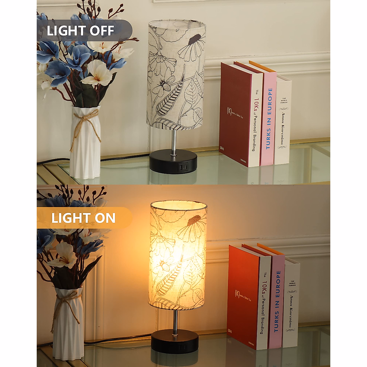 Lanmonlily Touch Control Desk Lamp with 2 USB Ports, 3-Way Dimmable Bedside Lamp for Bedroom, Nightstand Lamp with Round Flower Fabric Shade for Living Room, Home Office (E26 LED Bulb Included)