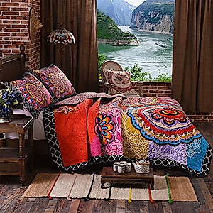 LAMEJOR Quilt Set Queen Size Boho 3-Piece Bedspread Coverlet Set Lightweight Mandala Pattern Reversible Microfiber Multicolor