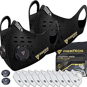 FIGHTECH 2 x Dust Masks | Combo Kit with 10 x Active Carbon Filters | 2 x Extra Air Valves | Face Mask for Woodworking | Washable and Reusable (Medium, Black)