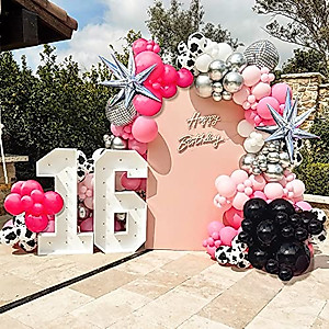 Western Cowgirl Balloon Garland Decorations, 98pcs Hot Pink Rose Red Silver Star Cow Balloon Arch with 4D Disco Ball for Bachelorette Party, 80s 90s Disco Party Birthday Baby Shower Decor