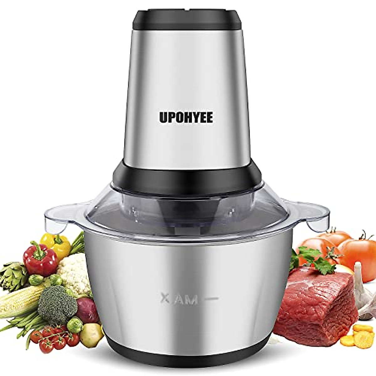 Meat Grinder Electric 2L Capacity 8 Cups Food Processor with Stainless Steel Bowl and 4 Large Sharp Blades Food Chopper Electric 2 Rotating Speed Levels with Spatula for Meat Vegetables Fruits Nuts