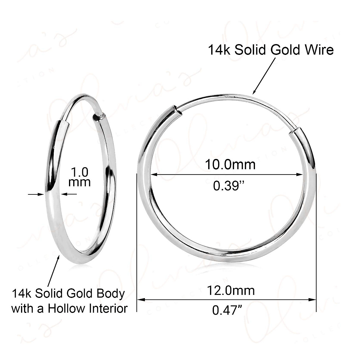 14k White Gold Endless Hoop Earrings 12x1.0mm