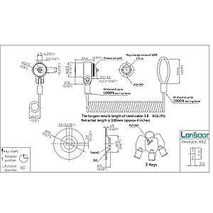 LORADAR Security Hardware Cable Lock Kit,Retractable Cable Lock Portable Keyed Laptop Lock 3 Keys 6.2Ft for Monitors, Laptops, MacBooks, Tablets, iPad,Mac Mini, (Keyed Different)