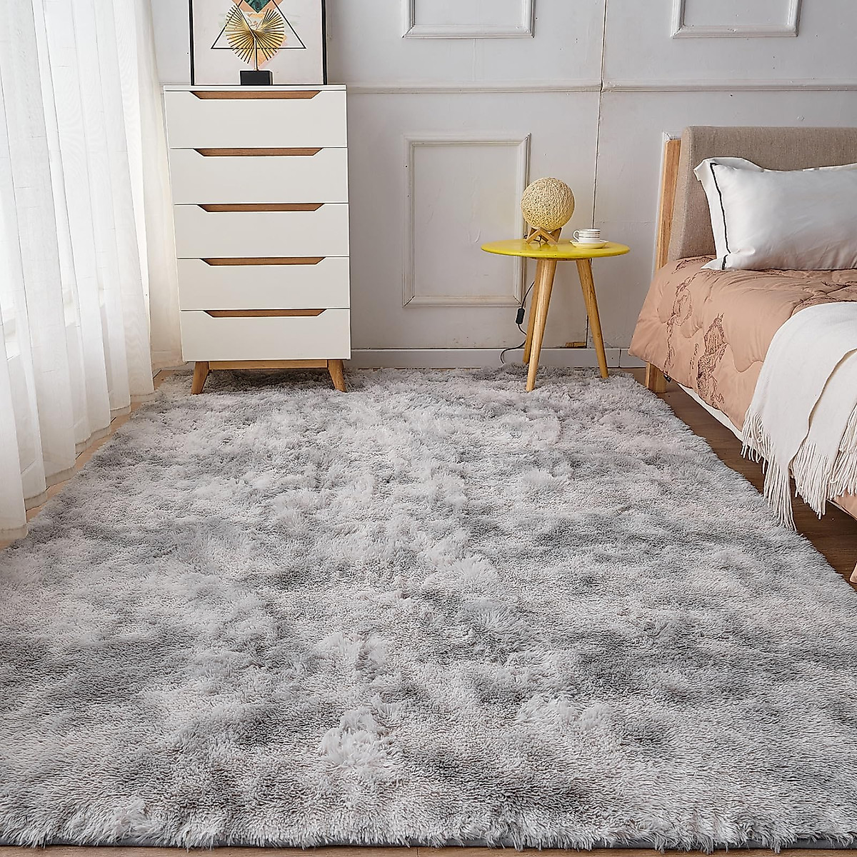 Floralux Fluffy Rugs for Bedroom Living Room,3x5 Feet Plush Shag Area Rug for Nursery Kids Room,Light Grey Tie dye Non Slip Fuzzy Shaggy Soft Room Carpets for Girls Boys Playroom