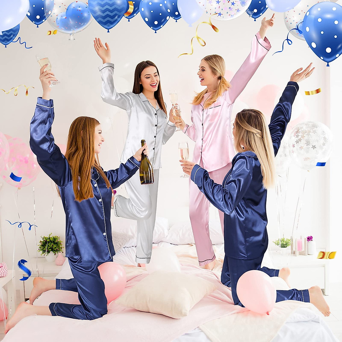 Unittype Women Silk Pajama Set Long Sleeve Silk Sleepwear Satin 2 Pcs Classic Button Down Pajamas for Bride Wedding Party (Blue,M)