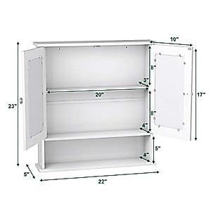 Tangkula Bathroom Cabinet Wall Mounted with Double Mirror Doors, Wood Hanging Cabinet with Doors and Shelves, Bathroom Wall Mirror Cabinet (White)