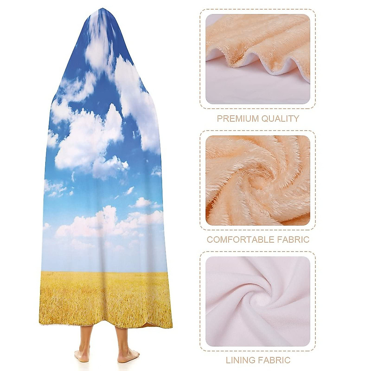 Hooded Blanket Poncho, Yellow and Blue Women Men Hooded Blanket, Wheat Field Vibrant Summer Harvest Sunbeam, Soft Warm Cozy, 40 x 50inches, Studying Reading Snuggling Napping Office