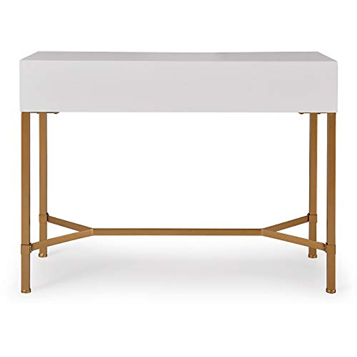 Adore Decor Jupiter Console Table with 2 Drawers, Mid Century Modern Rectangular Small Space Accent Desk for Living Room, Entryway, Home Office, Metal Legs, Easy Assembly, White and Gold
