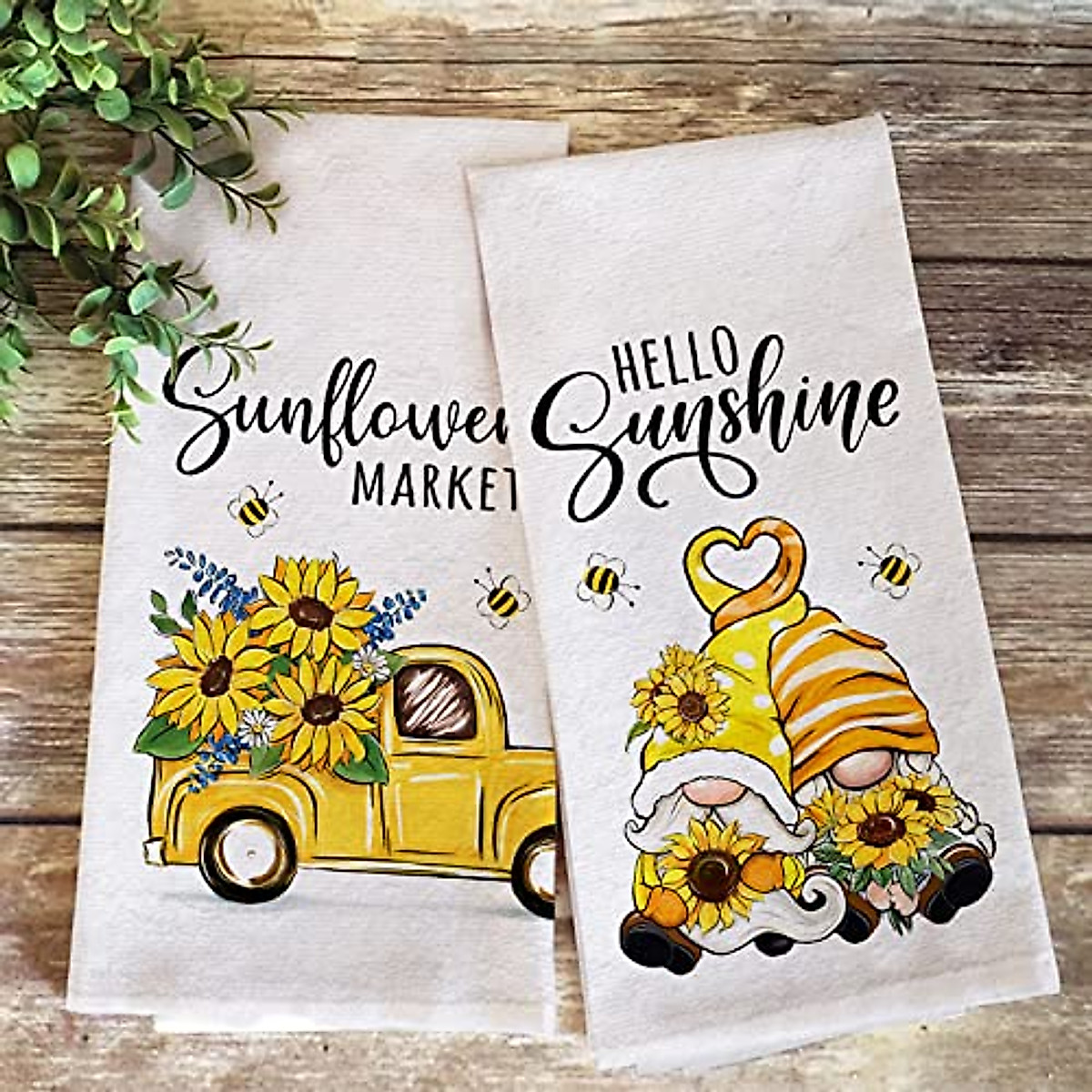 Seliem Summer Hello Sunshine Gnome Kitchen Dish Towel Set of 2, Sunflower Market Floral Flower Truck Hand Towel Bee Drying Baking Cooking Cloth, Spring Seasonal Farmhouse Home Kitchen Decor 18x26 Inch