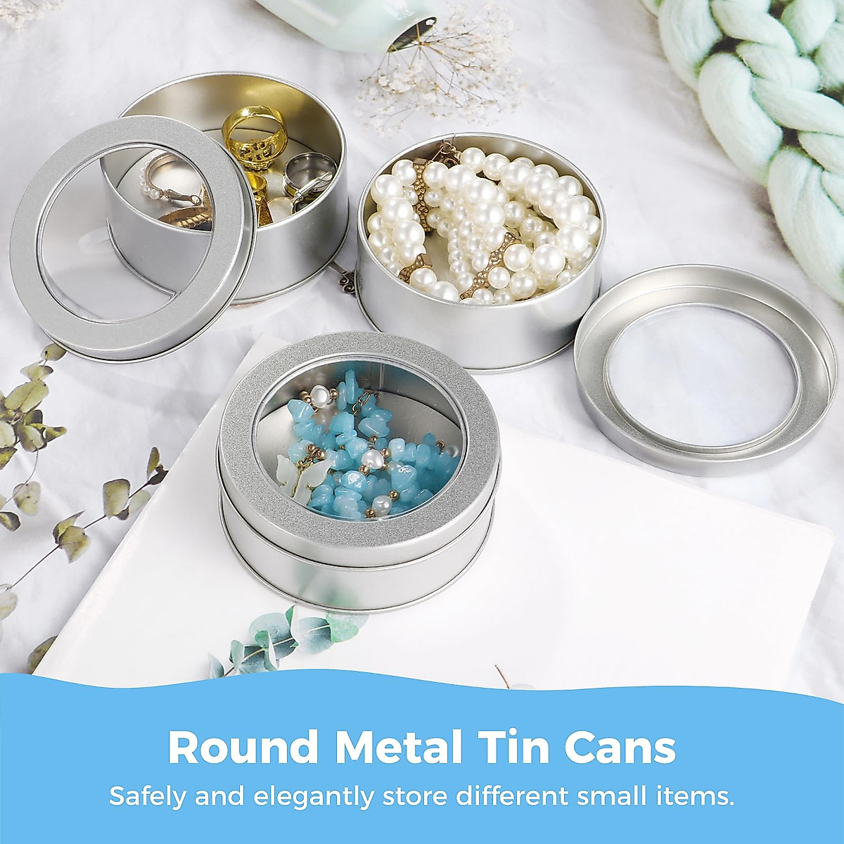 20 Pcs Metal Tin Cans 4 OZ Round Containers with Clear Tops, Empty Food Storage Containers for Storing Candles, Candies, Tea, Silver Tin Cans for Kitchen, Office, Travel