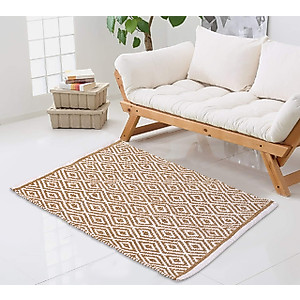 THE BEER VALLEY Cotton Diamond Rug 21x34 Inches - Linen, Reversible Machine Washable Accent Rugs for Bedroom, Kitchen, Entryway, Bathroom