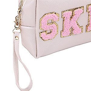 oaesc Cosmetic Bag Chenille Letter Patches Waterproof Travel Pouch PU Makeup with Wrist Strap Bags (Beige-SKIN)