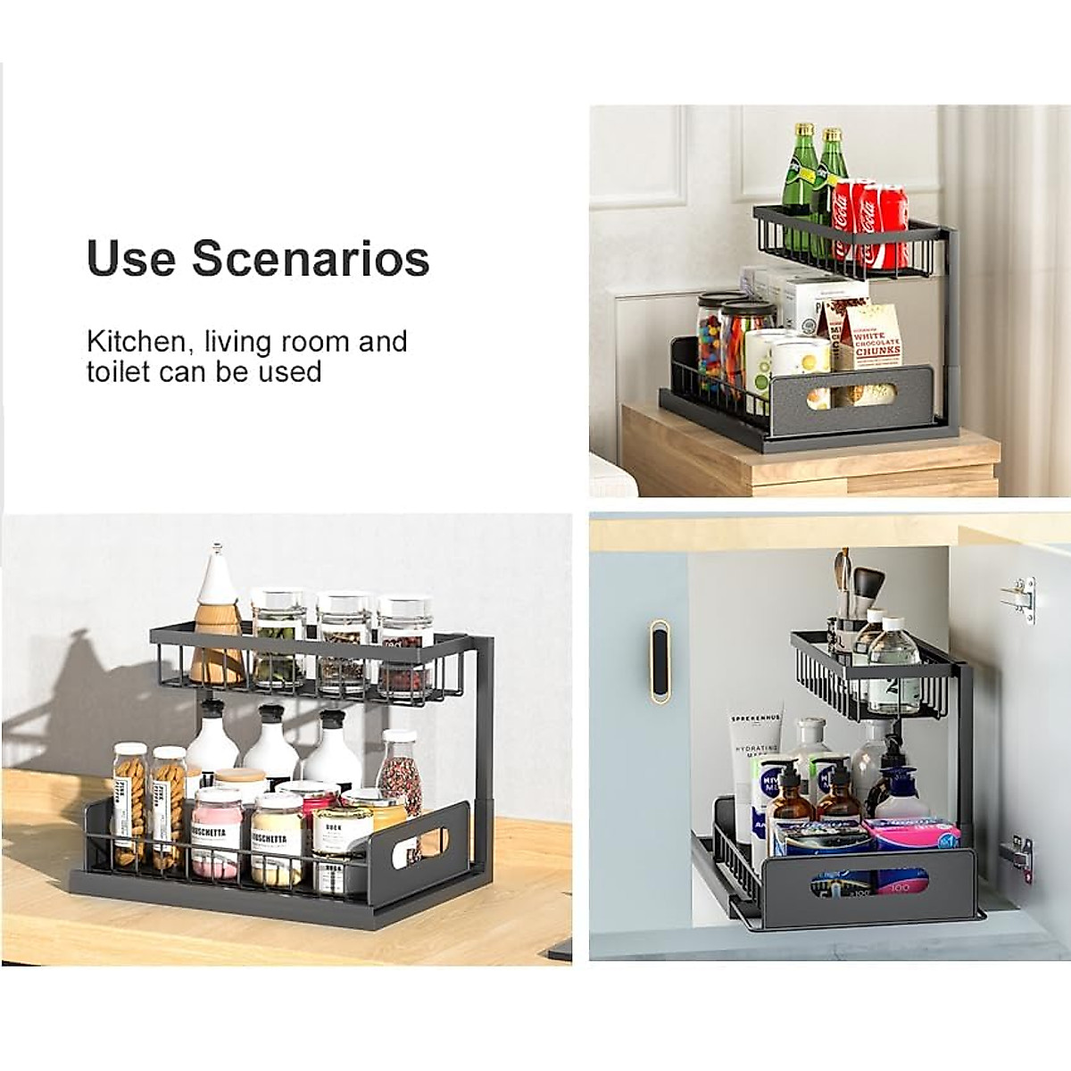 Under Sink Organizer and Storage for Kitchen Bathroom Cabinet - 2 Tier Slide Out Sink Shelf Cabinet Drawer - Store Large Items - No Drilling Rustproof Carbon Steel Shelf - Black - 1 Pack