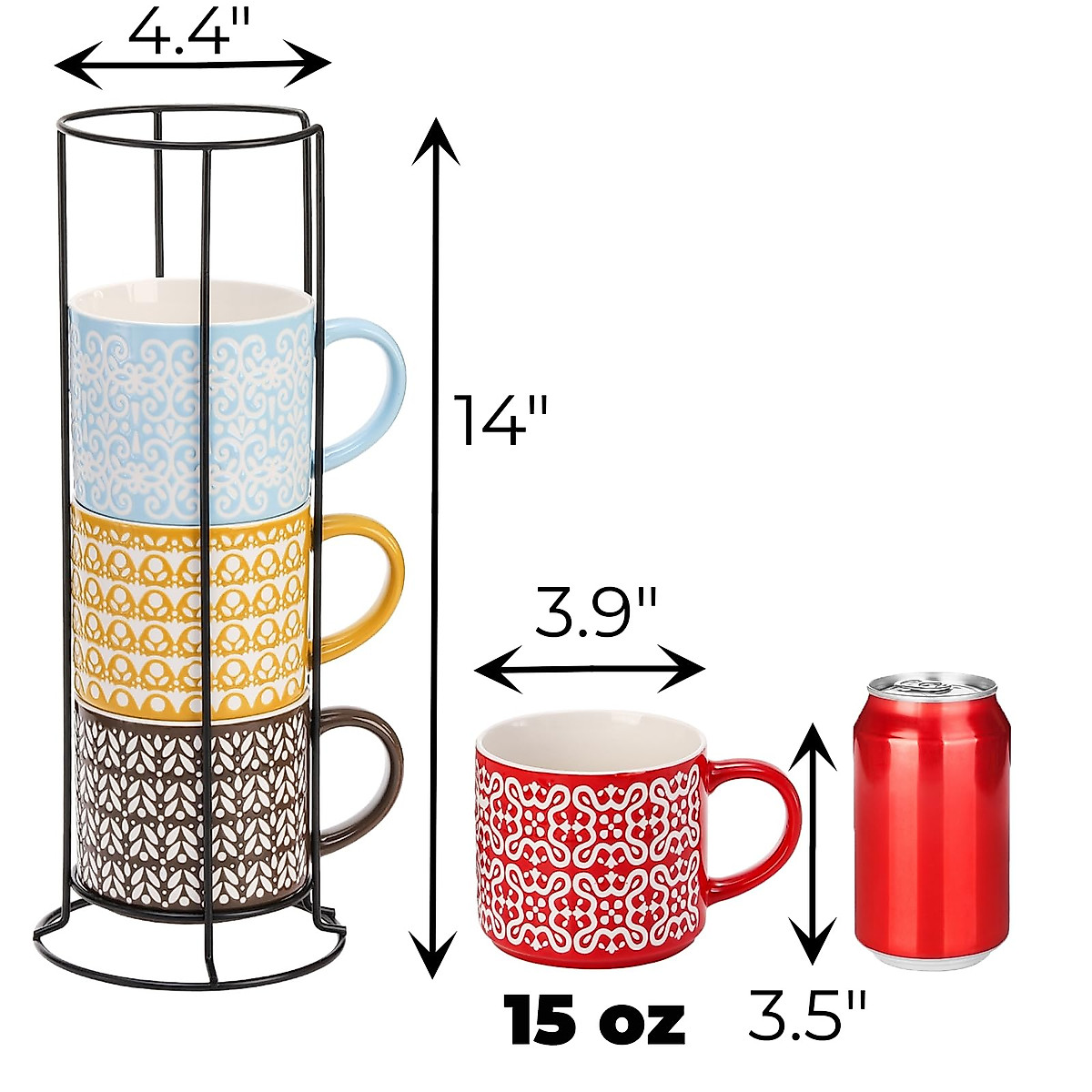 Hiceeden Set of 4 Stackable Coffee Mugs with Rack, 15 oz Colorful Ceramic Coffee Mugs with Metal Stand, Coffee Cup Set for Espresso, Cocoa, Latte, Americano, Cappuccino, Tea, Milk, Multi-colored