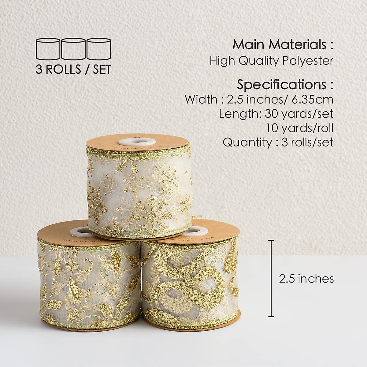 Vitalizart Christmas Ribbon Gold Wired Organza Sheer Ribbon 2.5 Inch x 10 Yards Glitter Snowflake for Tree Decoration Gift Wrapping Crafts Wreath Topper Bow Wedding Invitations Bridal Bouquets