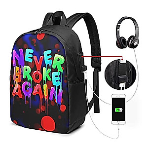Never-Broke-Again Women Men USB Backpack 17 in Shoulders Laptop Bags Students Knapsack Schoolbag Travel Women Men