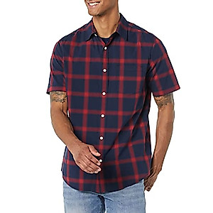 Amazon Essentials Men's Short-Sleeve Stretch Poplin Shirt (Available in Big & Tall), Navy Red Buffalo Plaid, Medium