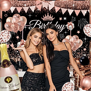 80th birthday decorations for women - (76pack) rose gold party Banner, Pennant, Hanging Swirl, birthday Balloons, Foil Backdrops, cupcake Topper, plates, Photo Props, Birthday Sash for gifts women