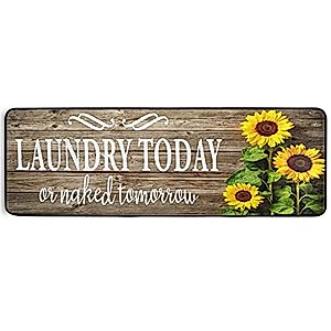 Farmhouse Theme Sunflowers Laundry Room Runner Rug Wooden Board Background Mat Washable Non-Slip Soft Floor Carpet Extra Long Hallway Doormat 72" X 24"