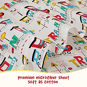 Bedmoon Boys Twin Sheets, Kids Train Bed Sheet Set with Non-Slip Fitted Sheet, Boys Soft Microfiber Twin Sheets & Pillowcases, Red Blue