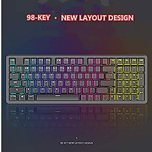 Mechanical Gaming Keyboard Compact 98 Key， Red Switches ， Custom Made chip Computer Keyboard -USB Connection Multi-Color Rainbow programmable RGB with Red Switches,for Windows PC Gamers