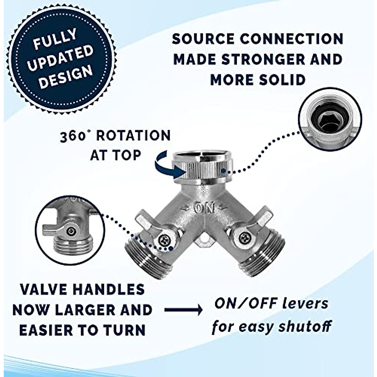 Morvat Heavy Duty Nickel Plated Brass 2 way Y Splitter Garden Hose Hexagonal Connector with Comfortable Grip Shut Off Valves, Adapter for Water Tap, Outlet, & Spigot, Includes 2 Extra Rubber Washers