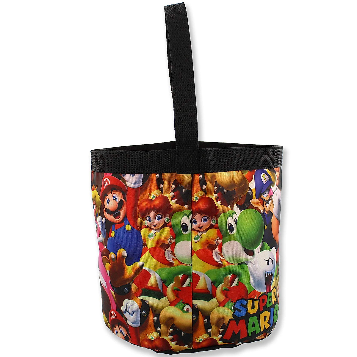 Super Mario Brothers Collapsible Nylon Gift Basket Bucket Tote Bag (One Size, Black/Multi)