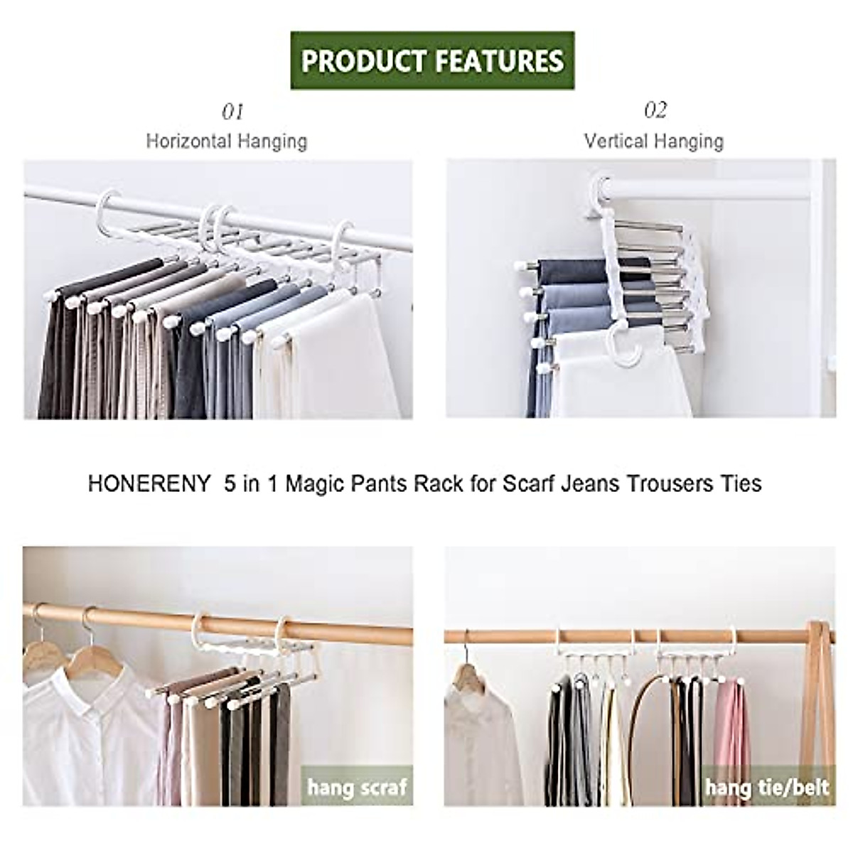 News_Inter 5pc Pants Hangers Space Saving Non-Slip Clothes Organizer, 5 in 1 Multifunctional Layered Pants Rack for Trousers Scarf and Travel Storage (Silver - 5 pc)
