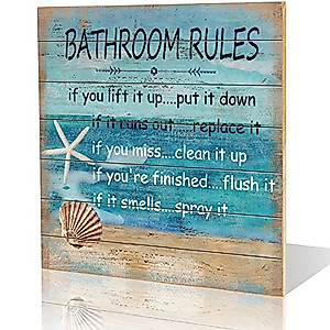 Seashells Bathroom Rules Wall Sign for Bathroom Decor, Funny Bathroom Wall Decor Wall Art For Beach House, Cute Beach Sign Plaque- 12 x 12 Inchs