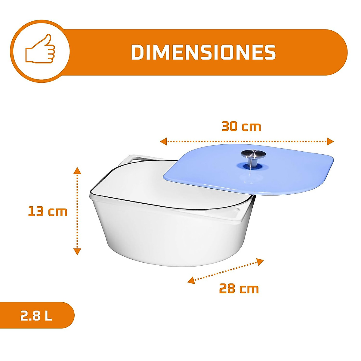 Bruntmor 3 Quart Cast Iron Enameled Dutch Oven - Modern Squoval Design - Nonstick Seasoned Pot with Stainless Steel Knob - Ideal for Dinner - White with Blue Lid