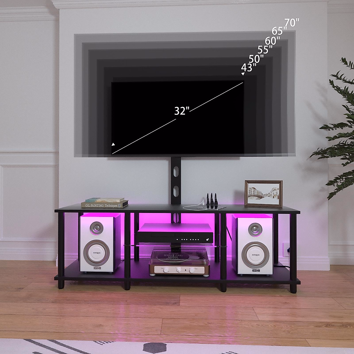 TV Stand with Mount and Led Light，Black TV Stand with Power Outlets for 32/40/43/50/55/60/65/70 Inch TV,Entertainment Center with Storage Shelf for Bedroom/Living Room/Office