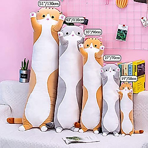 Cute Cat Plush Long Body Pillow Cuddle Cartoon Stuffed Animals Cat Plushie Soft Doll Pillows Gifts for Kids Girls (Orange, 19")