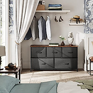 WLIVE 1-Drawer Nightstand, 5-Drawer Dresser Set, Fabric Storage Tower for Bedroom, Hallway, Nursery, Closets, Tall Chest Organizer Unit with Textured Print Fabric Bins, Steel Frame, Wood Top