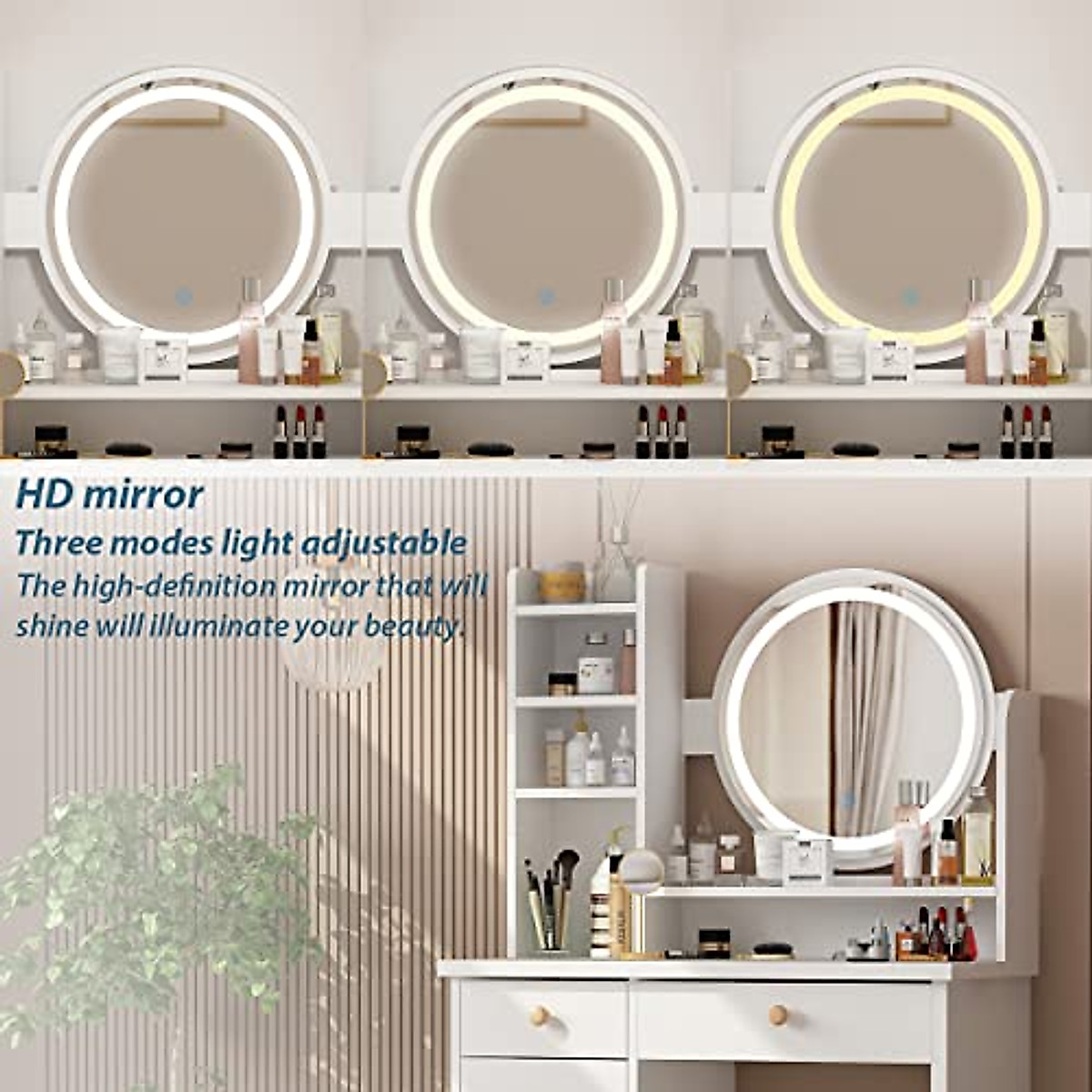 AGOTENI Makeup Vanity Set Dresser Desk with 5 Drawer and Shelf Round Mirror with Touch Screen and Light Vanity Set with Cushioned Stool for Bedroom, White