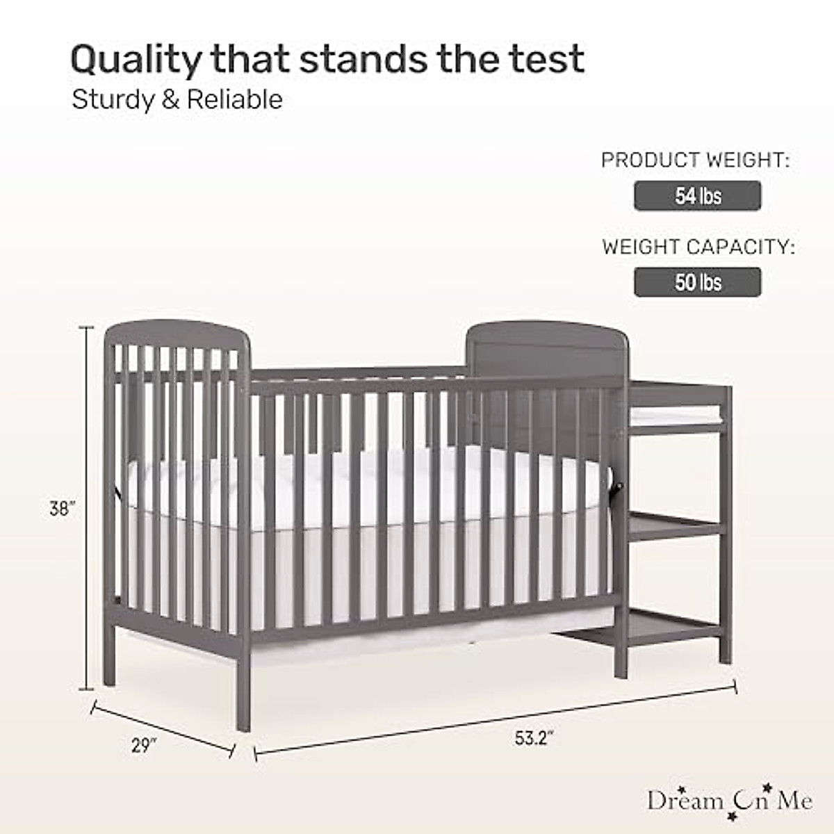 Dream On Me Anna 3-in-1 Full-Size Crib and Changing Table Combo in Steel Grey, Greenguard Gold Certified, Non-Toxic Finishes, Includes 1" Changing Pad, Wooden Nursery Furniture