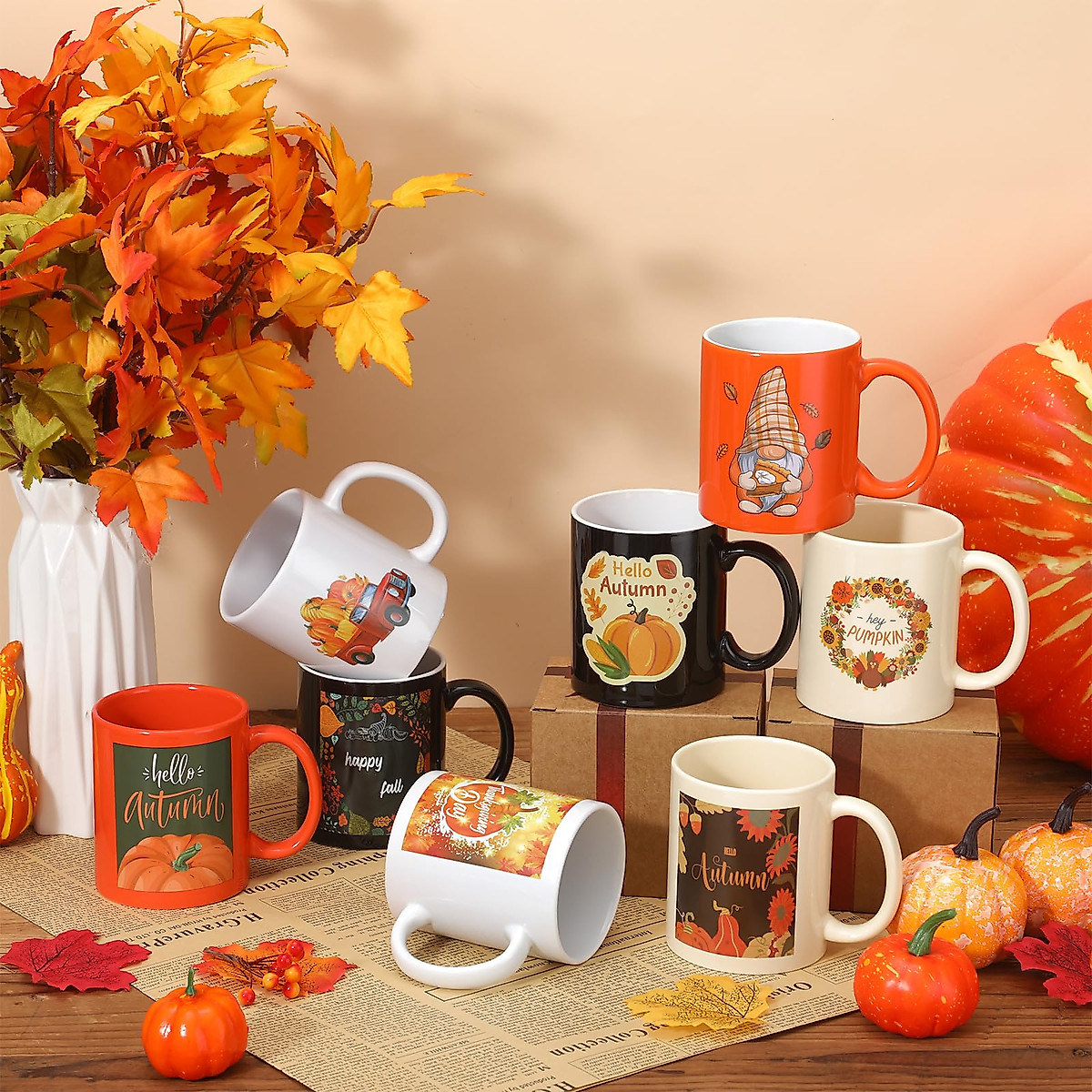 Maxdot 8 Pieces Pumpkin Mugs Autumn Coffee Mug 12oz Fall Cup Thanksgiving Mugs Set with Handle Ceramic Mugs for Home School Office Table Centerpieces Housewarming Holiday Party Gift