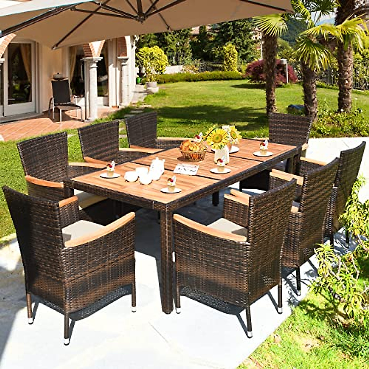 GLACER 9 Pieces Outdoor Patio Dining Set, 75" Large Acacia Wood Wicker Dining Table & Stackable Cushioned Chair Set, Rattan Dining Furniture Set for Backyard, Garden, Poolside, Patio Dining Set for 8