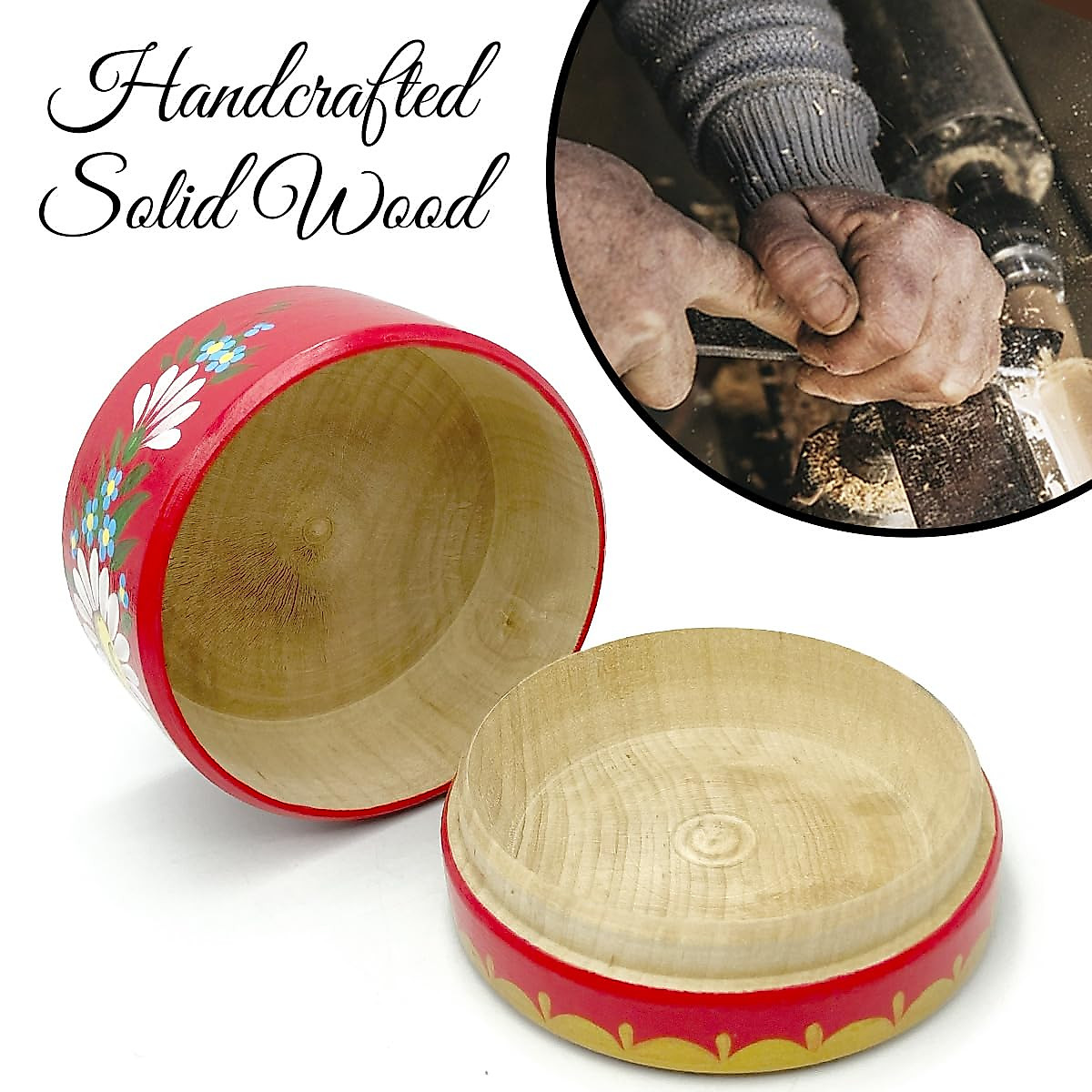 AEVVV Red Round Wooden Trinket Box with Lid for Jewelry - Decorative Wooden Box with Hand Painted Slavic Floral Design - Lacquer Engagement Ring Box Flowers