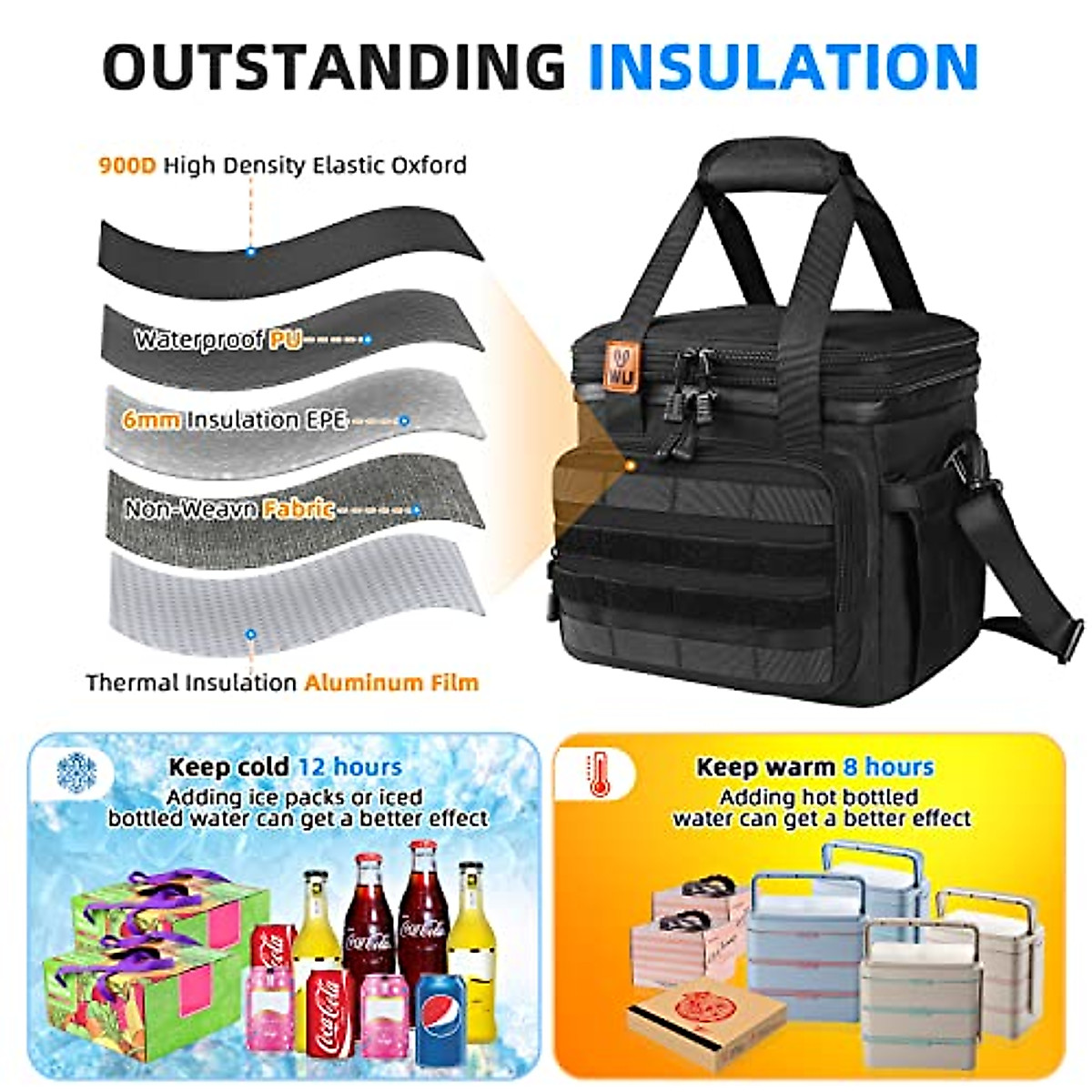 WU Insulated Large Lunch Bag 15L 18L Adjustable Dry Wet Separation Lunch Box Heavy Duty Waterproof Leakproof Soft Cooler Food Bag Kit, Black