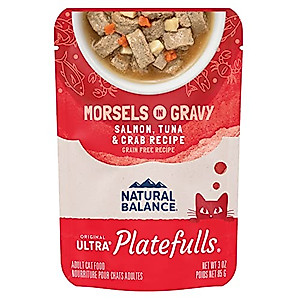 Natural Balance Platefulls Wet Cat Food Salmon, Tuna & Crab Formula in Gravy, 3 Ounce Pouch (Pack of 24), Grain Free ( Packaging may vary )