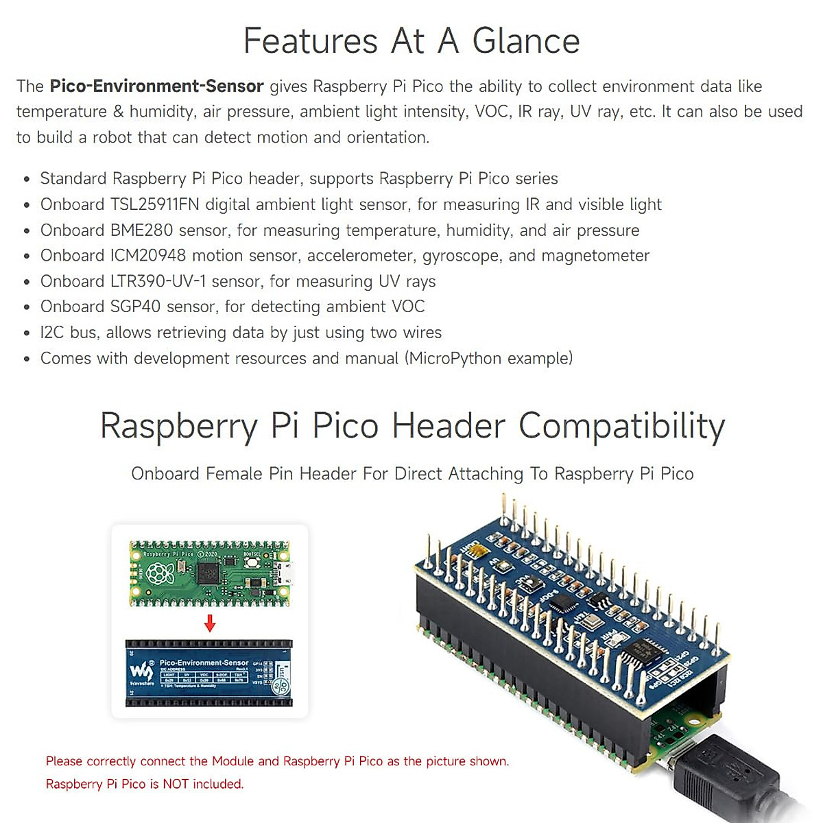 Waveshare Environment Sensors Module for Raspberry Pi Pico 2C Bus