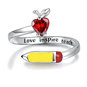 Mic Tai Teacher Appreciation Jewelry Gifts 925 Sterling Silver Love Inspire Teach Apple Pencil Ring for Women