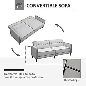 HOMCOM Convertible Sleeper Sofa, Futon Sofa Bed with Split Back Design Recline, Thick Padded Velvet-Touch Cushion Seating and Wood Legs, Light Grey
