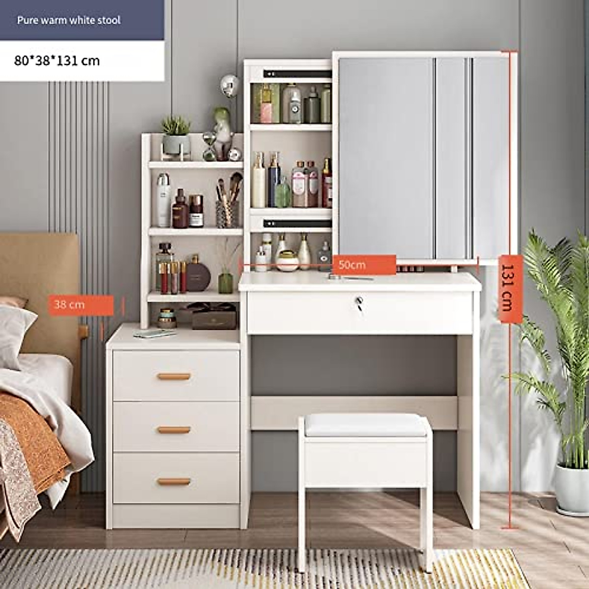 Vanity Set with Lighted Mirror,with Drawers Cabinet Storage Shelves&Cushioned Stool,3 Lighting Modes Adjustable Makeup Vanity Desk Brightness，makeup table Cabinet (80*38*131cm, Warm white)
