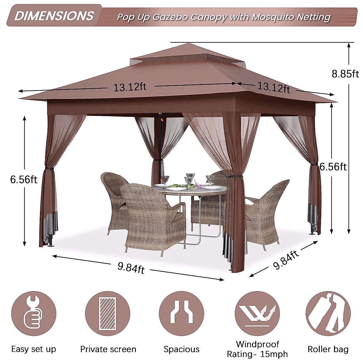 Gazebo, CBBPET 13'x 13' Pop Up Gazebo with Mosquito Netting, Outdoor Gazebo Canopy with Double Roof Tops and 169 Square Feet of Shade for Patio, Group Gatherings, Camping Shelter (Brown)